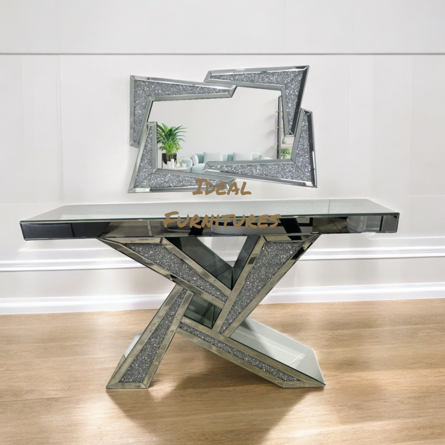 Crushed Diamond Mirrored Glass Console Table |Console Tables